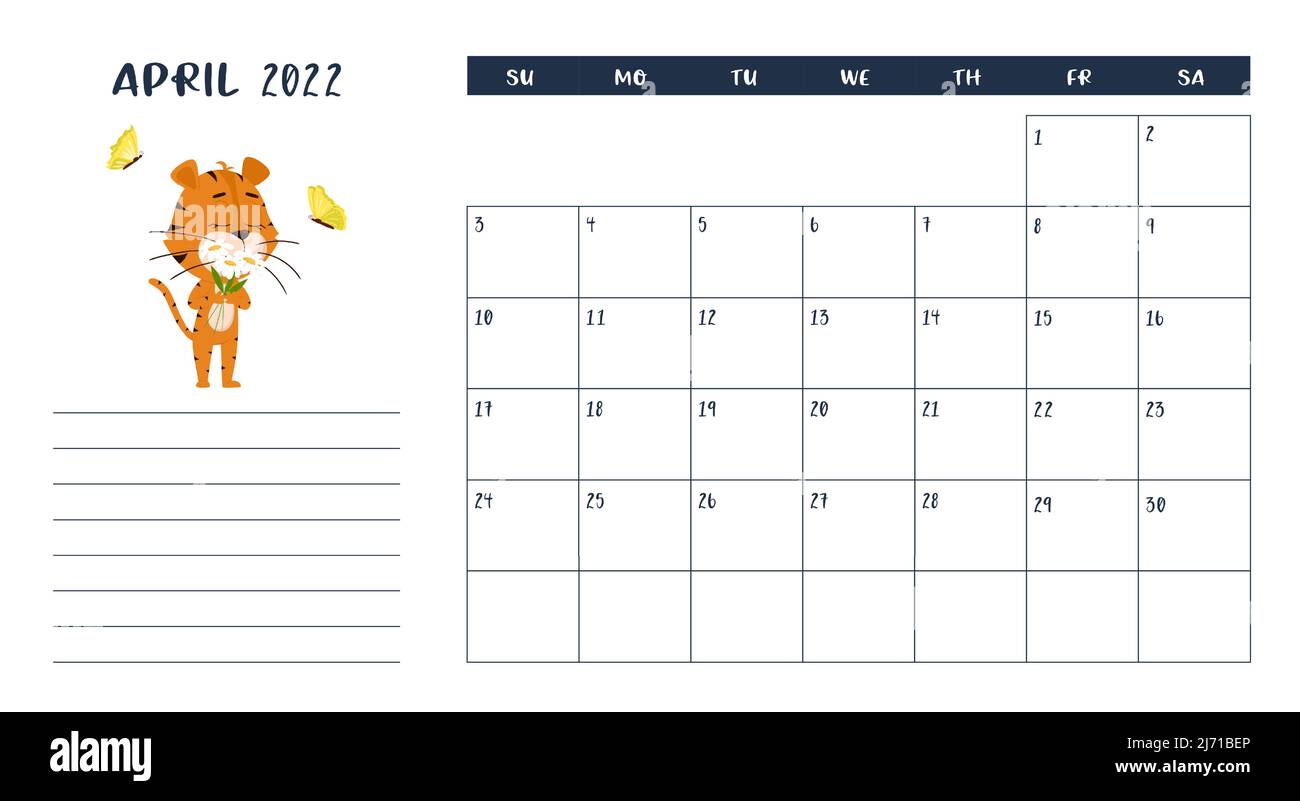 Horizontal desktop calendar page template for April 2022 with a cartoon ...