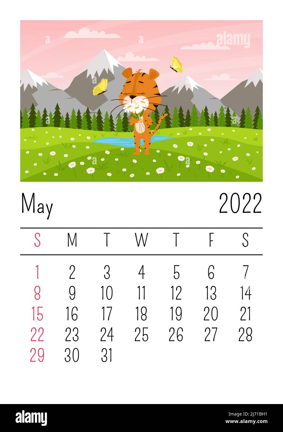 Design template. Calendar for 2022, May. Cute cartoon tiger sniffs ...