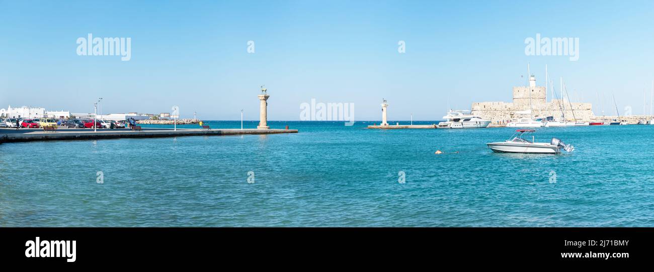 Large panorama in Mandraki port in the place where the Colossus of ...