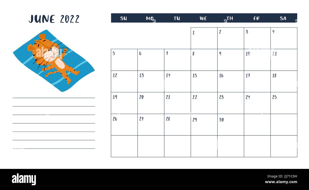 Horizontal desktop calendar page template for June 2022 with a cartoon ...