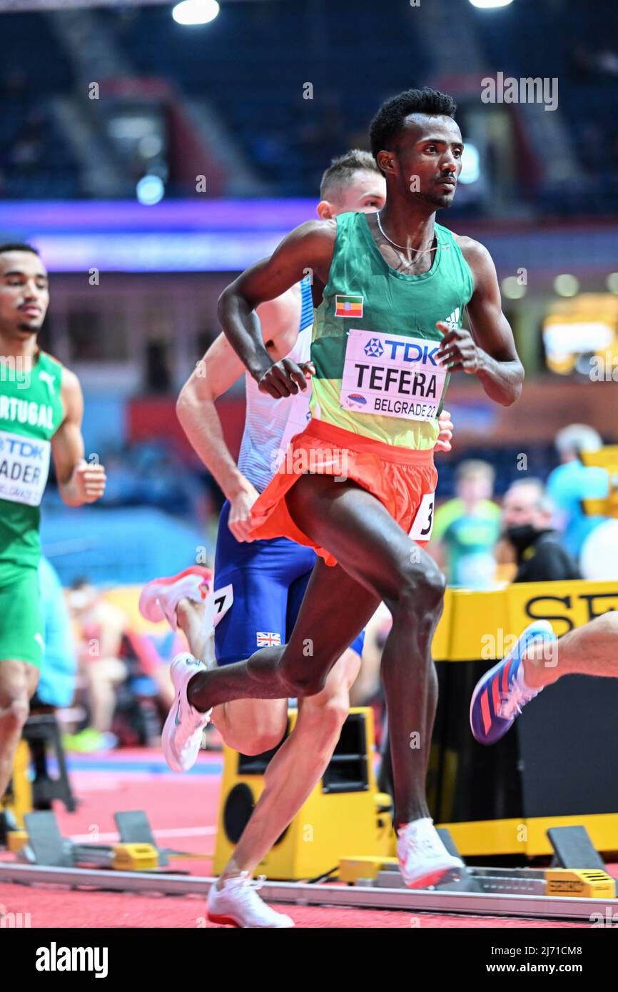 Samuel Tefera participating in the Belgrade 2022 World Indoor Championships in the 1500 meters ...