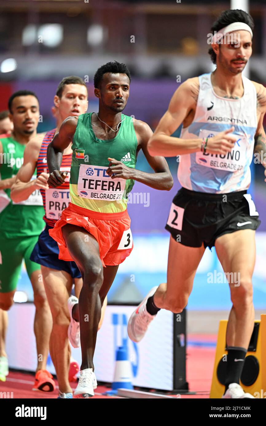 Samuel Tefera participating in the Belgrade 2022 World Indoor Championships in the 1500 meters ...