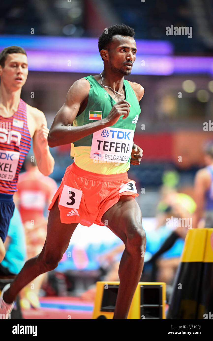 Samuel Tefera participating in the Belgrade 2022 World Indoor Championships in the 1500 meters ...
