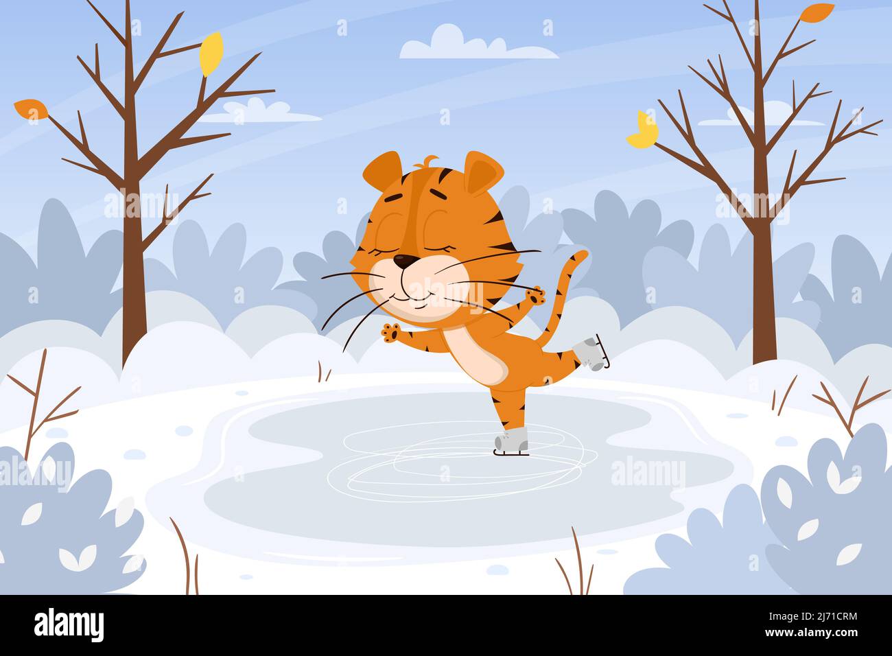 Cute cartoon tiger is skating on the ice rink in the forest. Winter ...