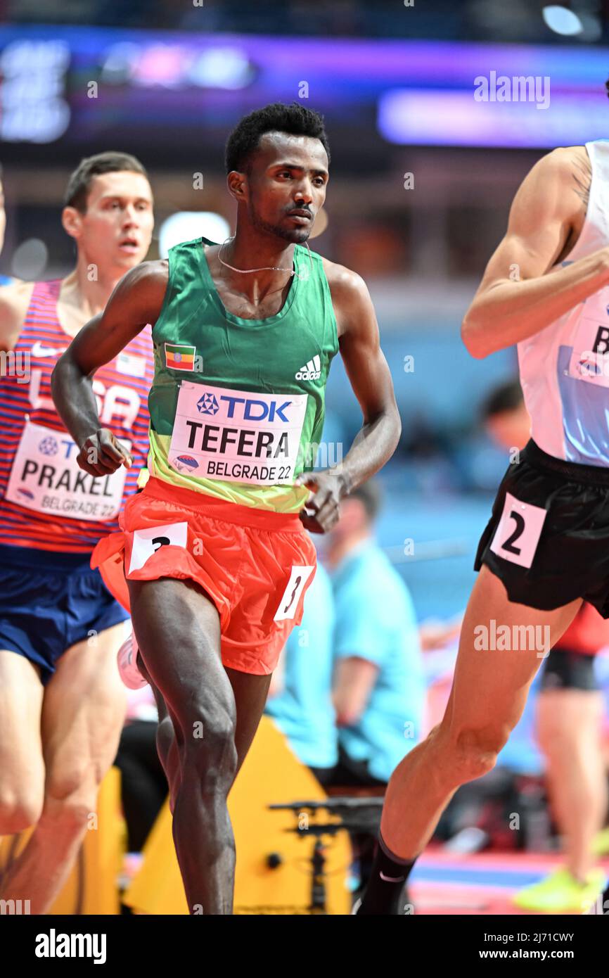 Samuel Tefera participating in the Belgrade 2022 World Indoor Championships in the 1500 meters ...
