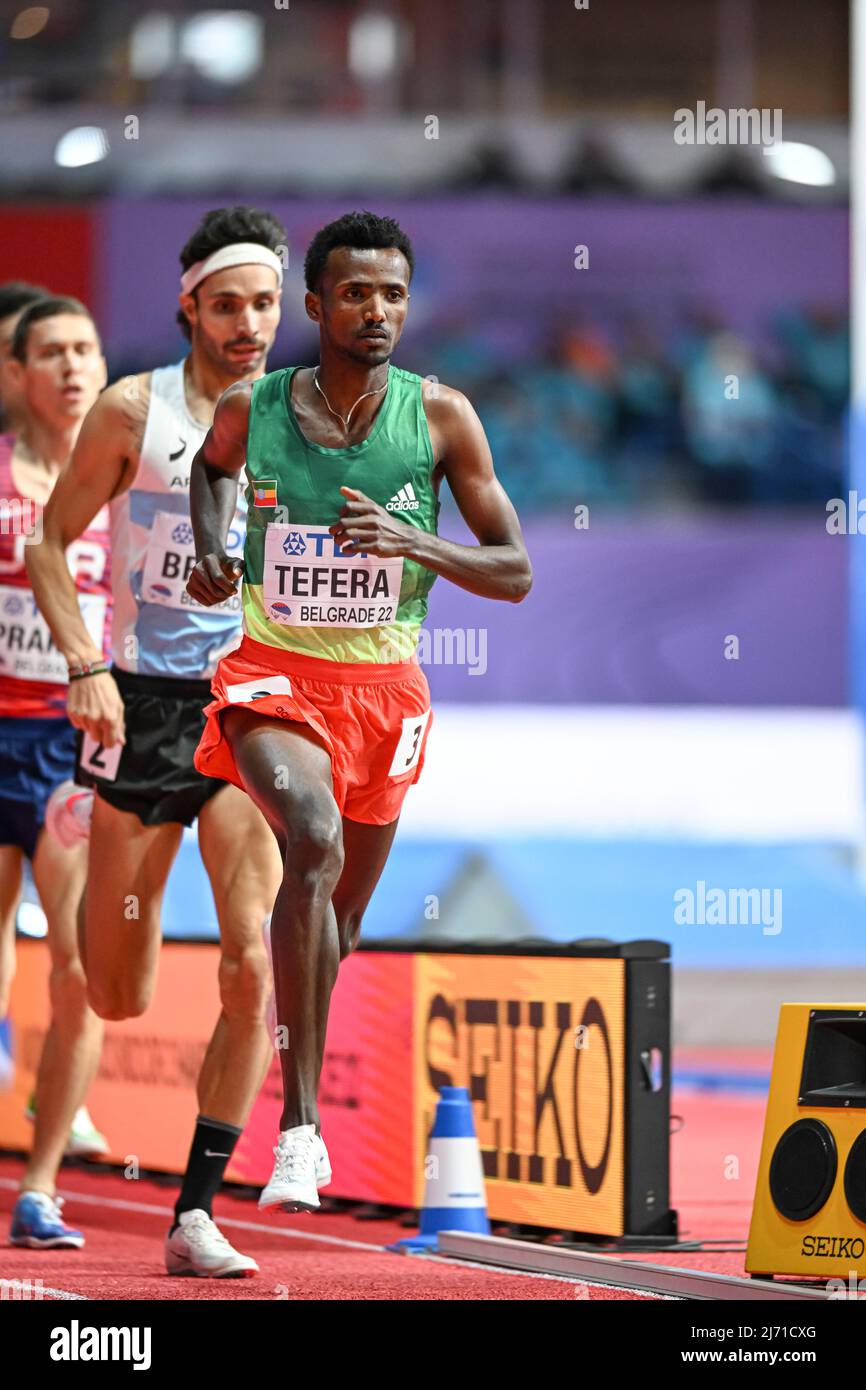 Samuel Tefera participating in the Belgrade 2022 World Indoor Championships in the 1500 meters ...