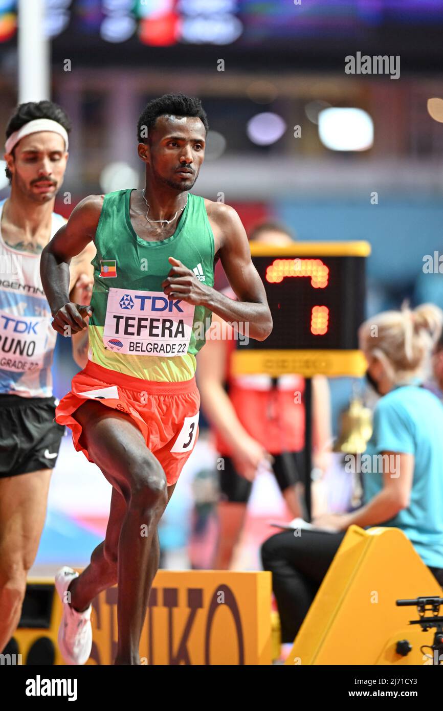 Samuel Tefera participating in the Belgrade 2022 World Indoor Championships in the 1500 meters ...