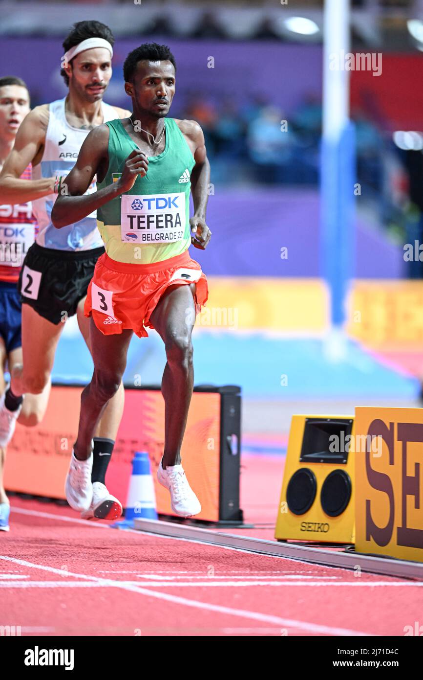 Samuel Tefera participating in the Belgrade 2022 World Indoor Championships in the 1500 meters ...