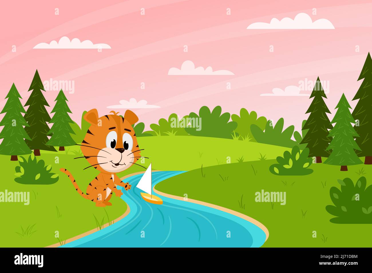 A cute cartoon tiger launches a boat in a stream in the forest. Spring ...