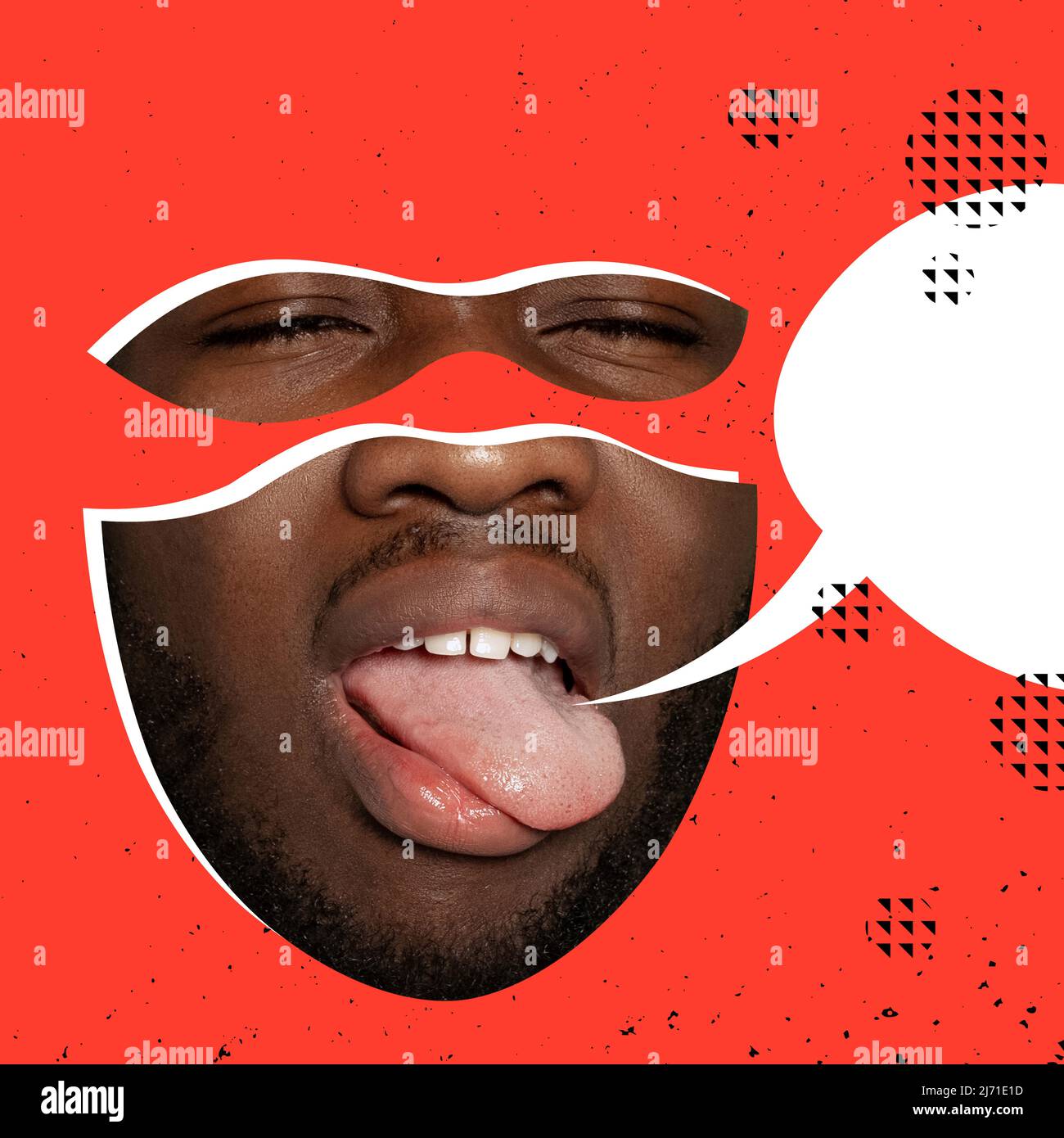 Contemporary art collage. Funny male face with sticking out tongue ...