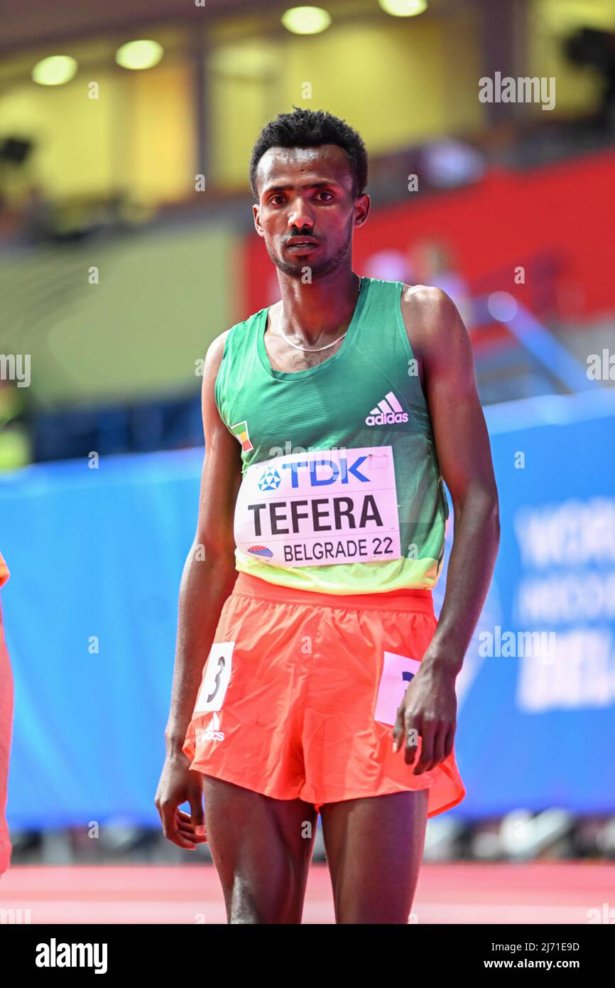 Samuel Tefera participating in the Belgrade 2022 World Indoor Championships in the 1500 meters ...