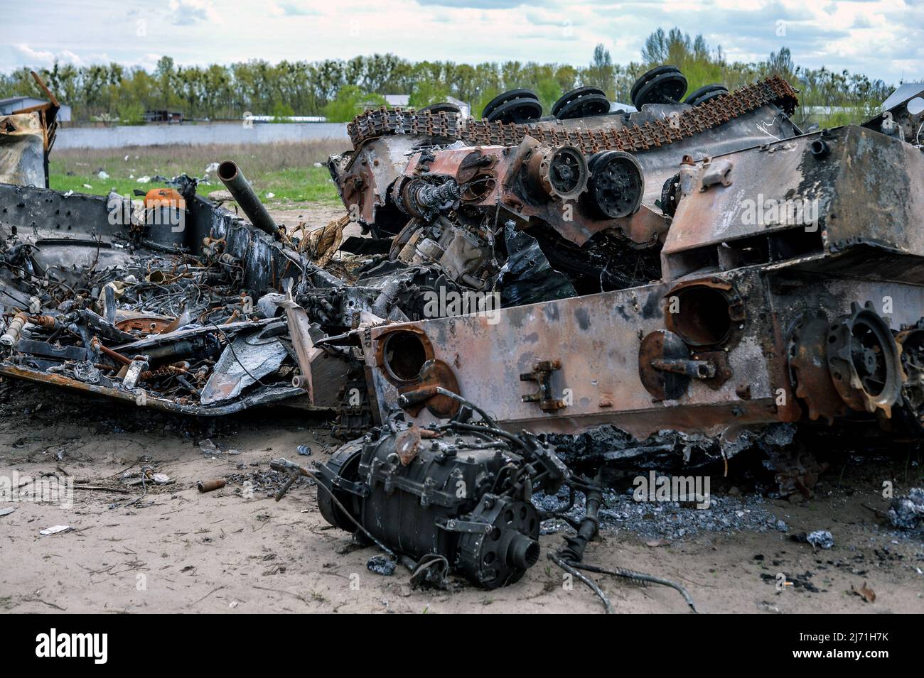 BUCHA, UKRAINE - MAY 4, 2022 - Destroyed Russian military vehicles are ...
