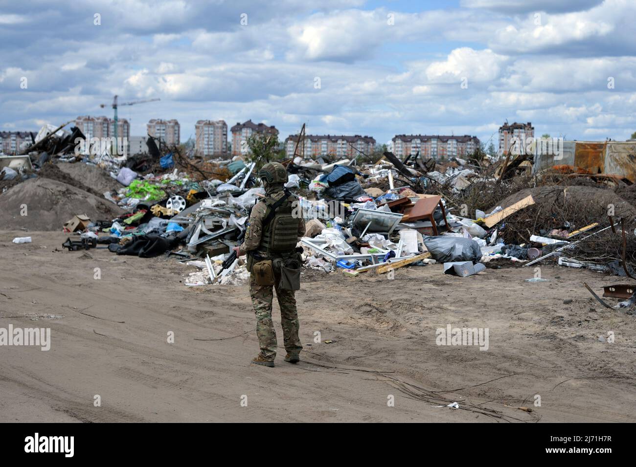 BUCHA, UKRAINE - MAY 4, 2022 - A serviceman is pictured at an ...