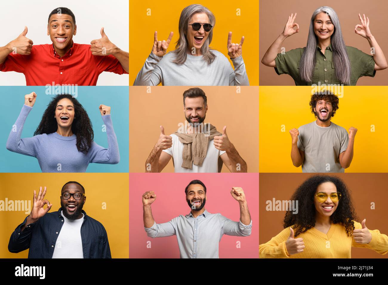 Collage of photos with happy excited multiracial diverse people ...