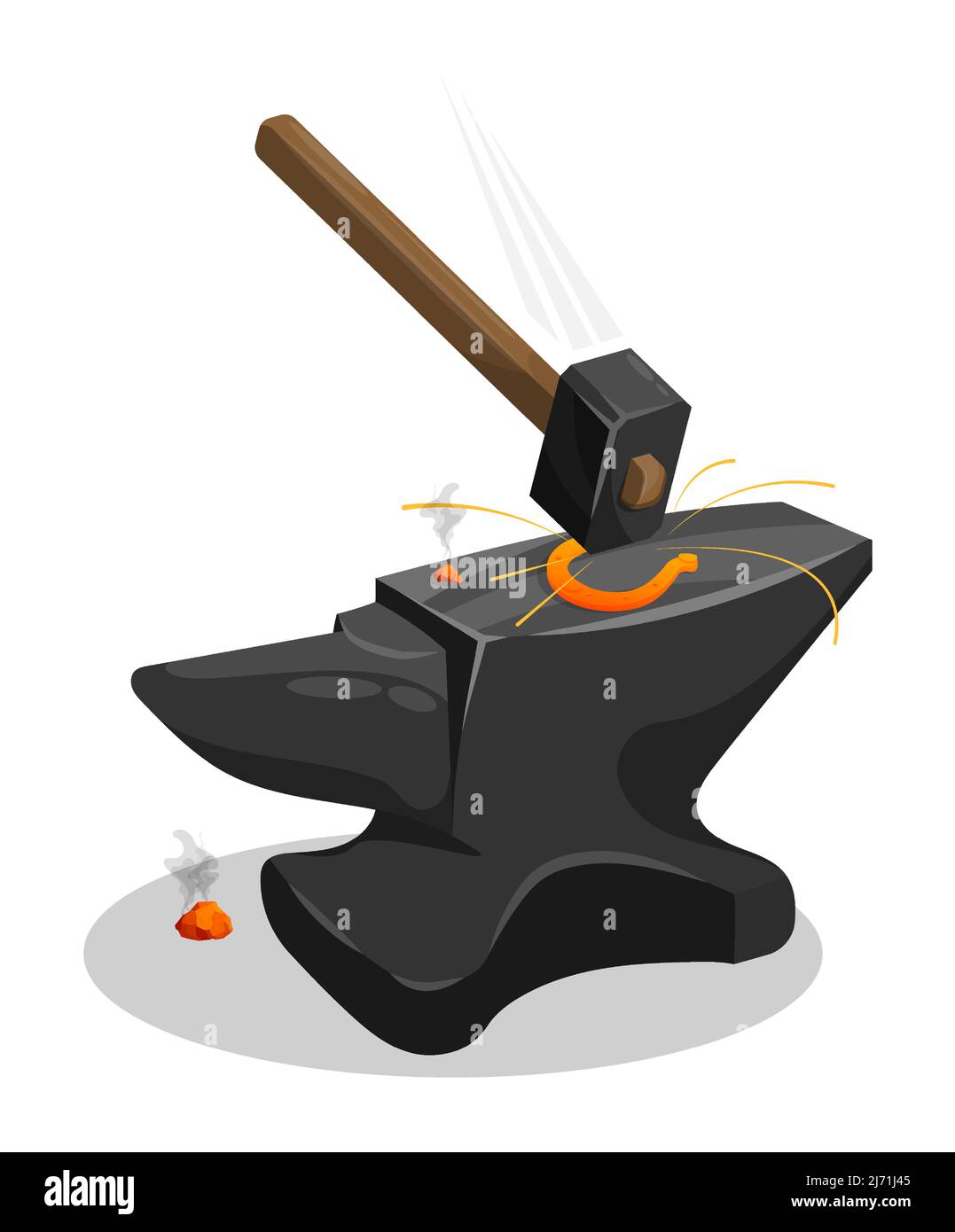 Blacksmith hammer hits horseshoe on anvil. Working in metal workshop ...