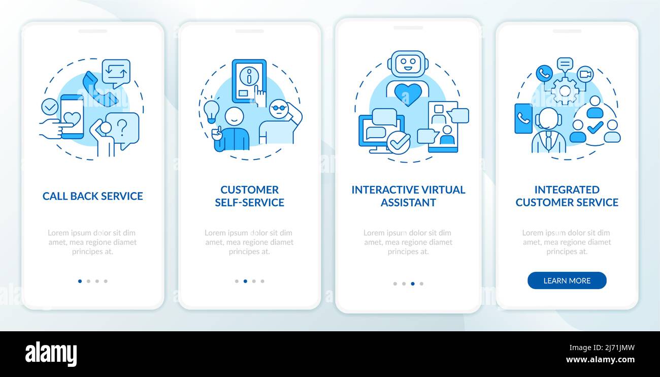 Types of customer service blue onboarding mobile app screen Stock ...