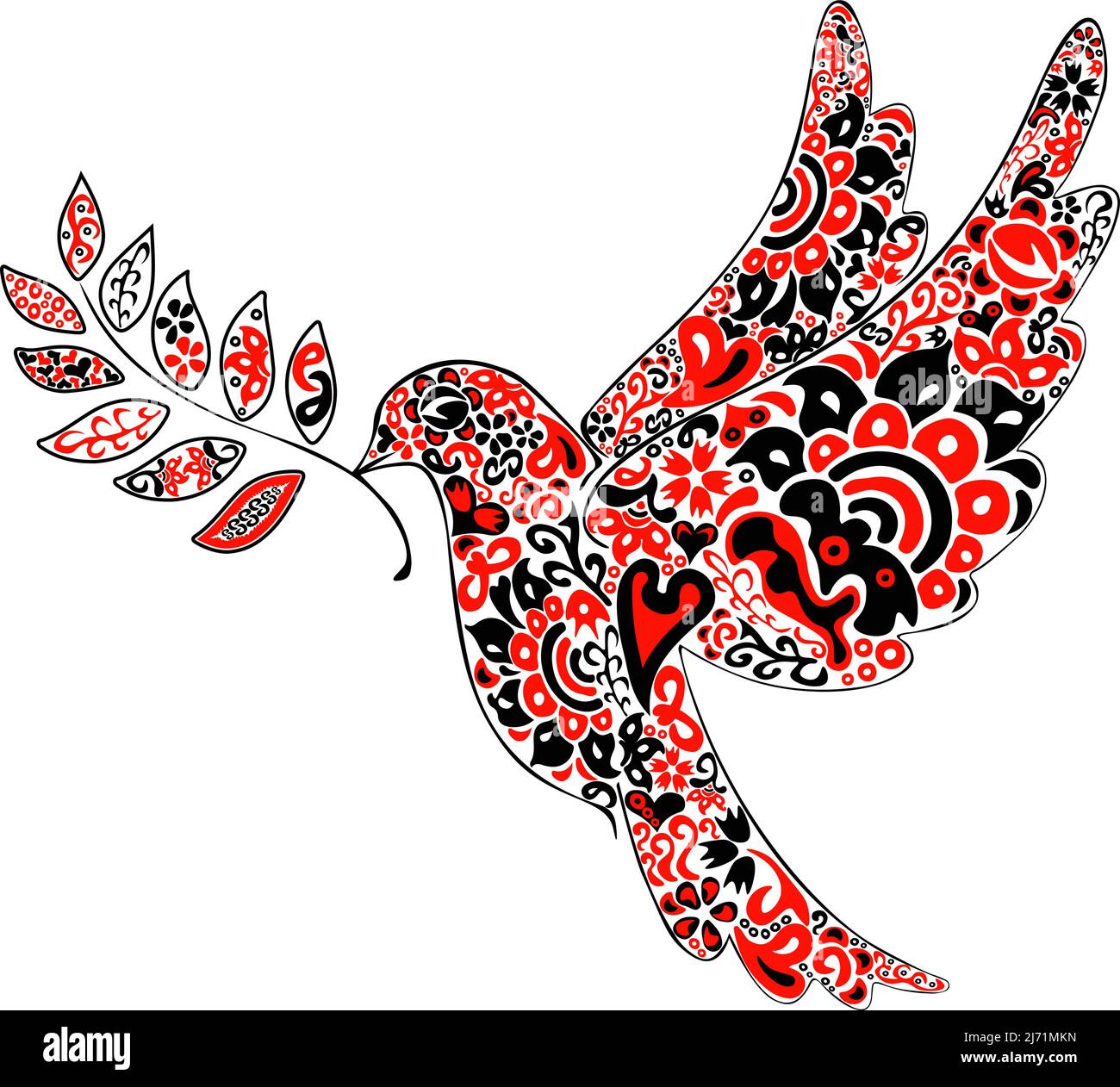 Folk art illustration dove of peace sign in red and black colors and ...