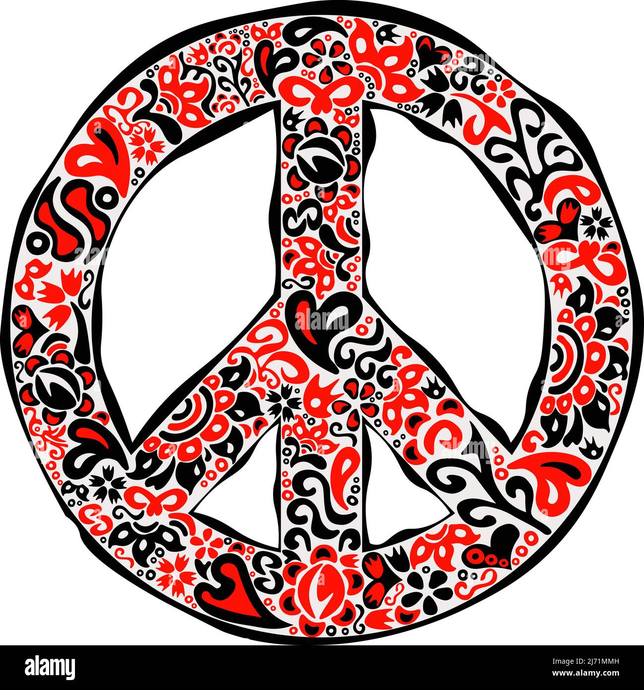 Folk art illustration pacific peace sign in red and black colors and ...