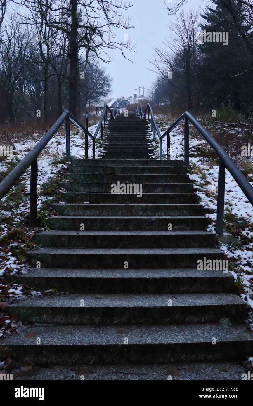 Bottom of the stairs looking up at the three crosses at the Kreuzberg ...