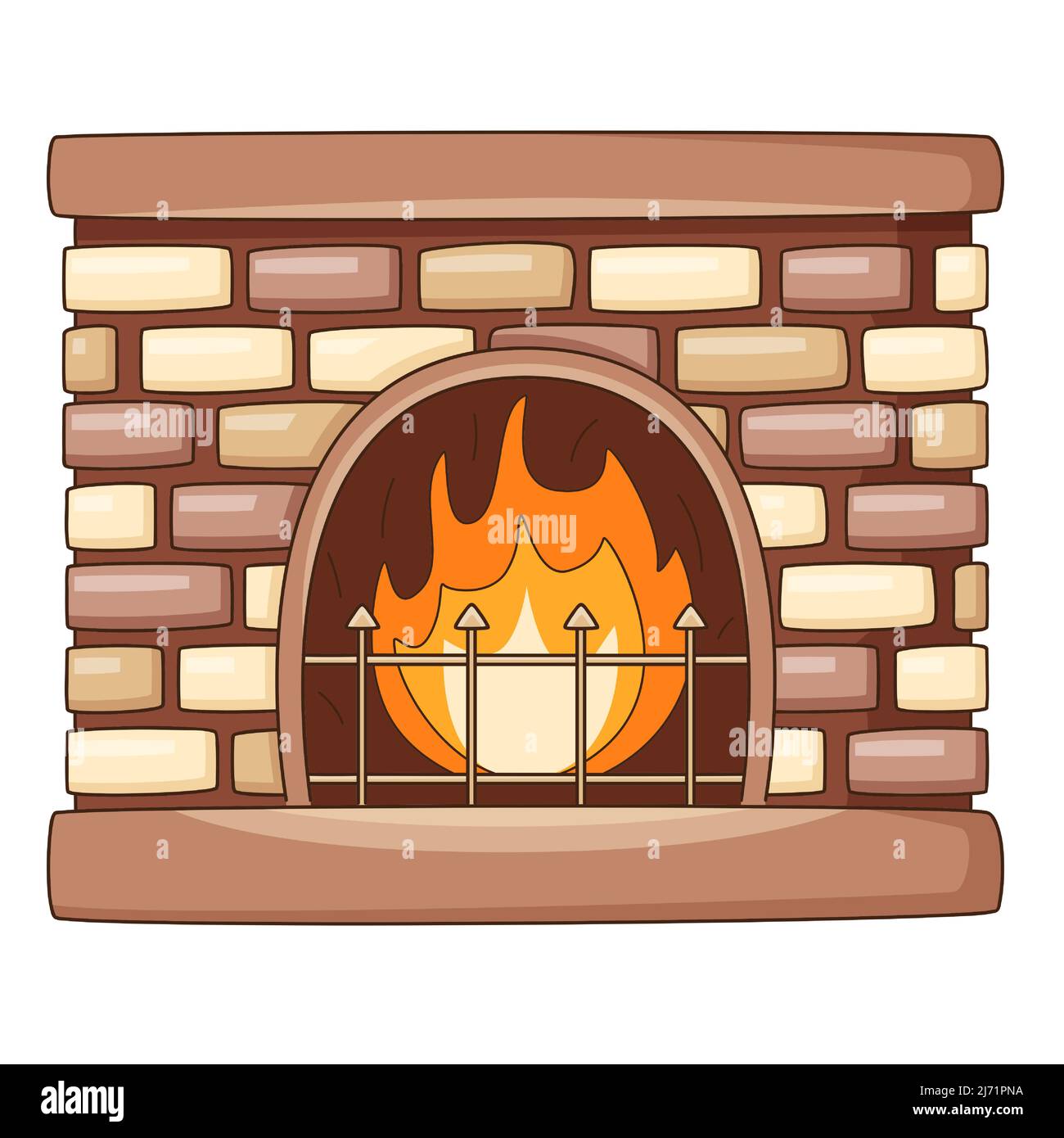 Home brick fireplace with a burning fire. Cozy home, a symbol of autumn ...