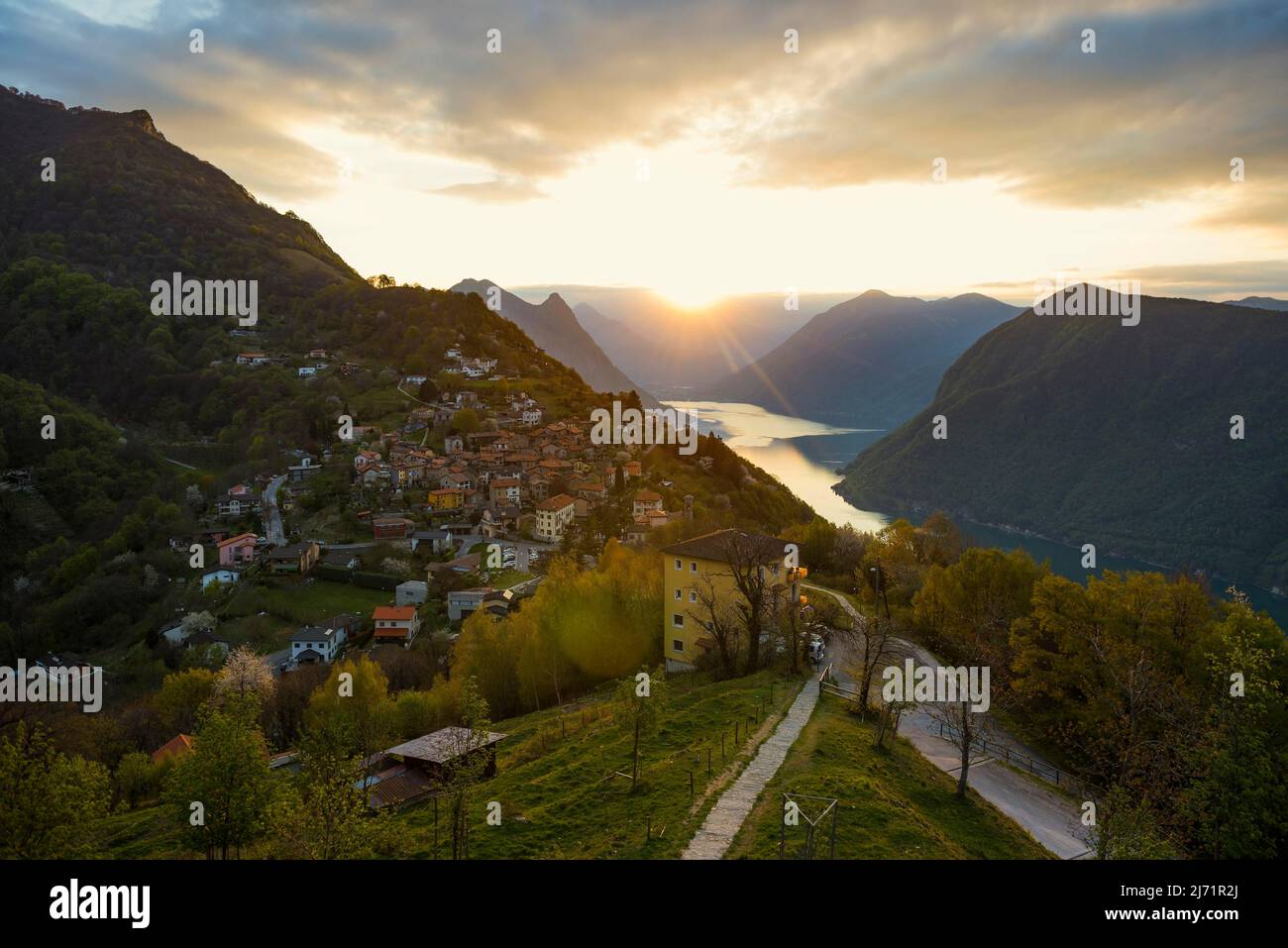 Village view Bre, sunrise, Monte Bre, Lugano, Lake Lugano, Lago di ...