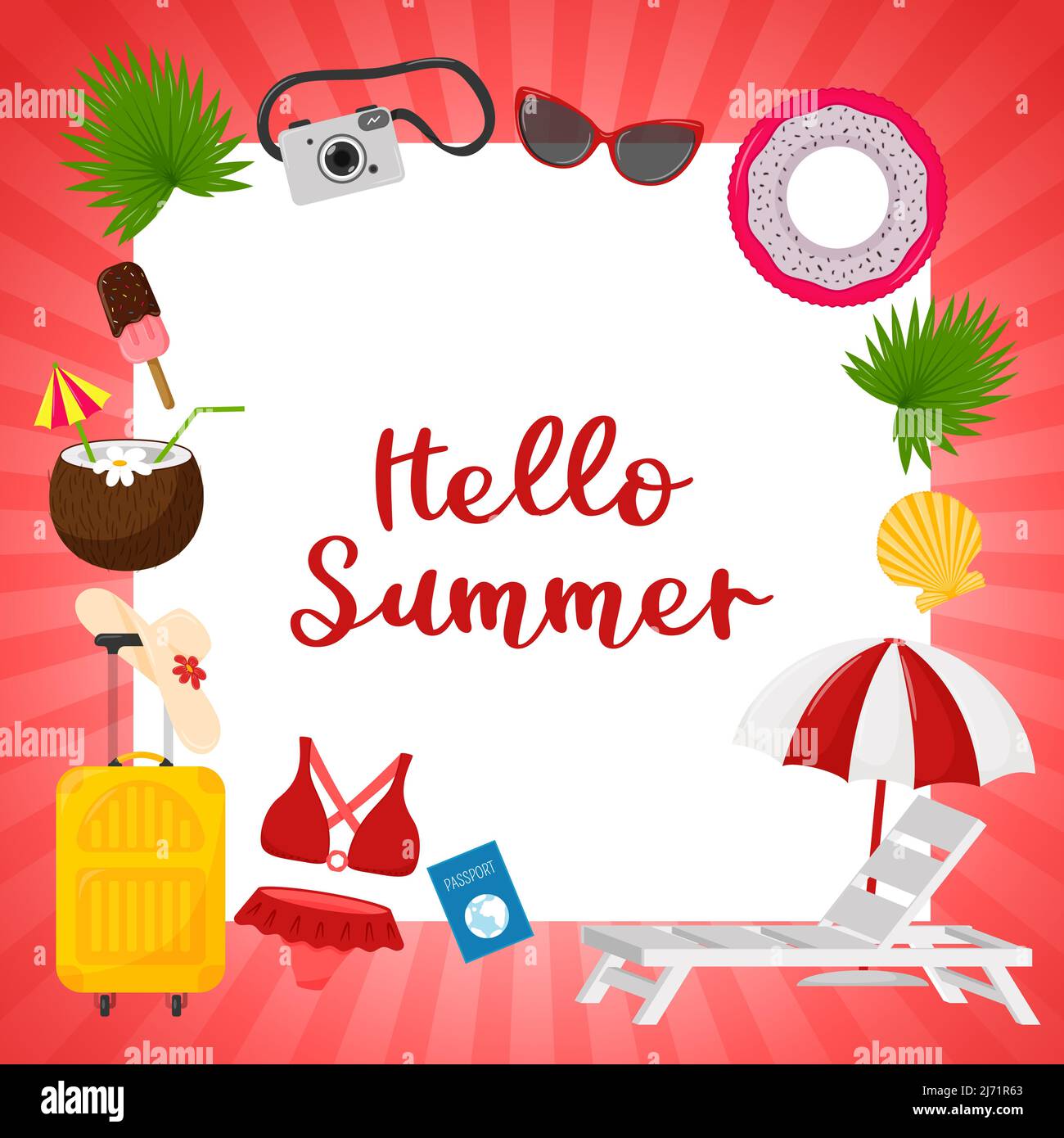 A square postcard with a red striped frame and the words Hello summer ...