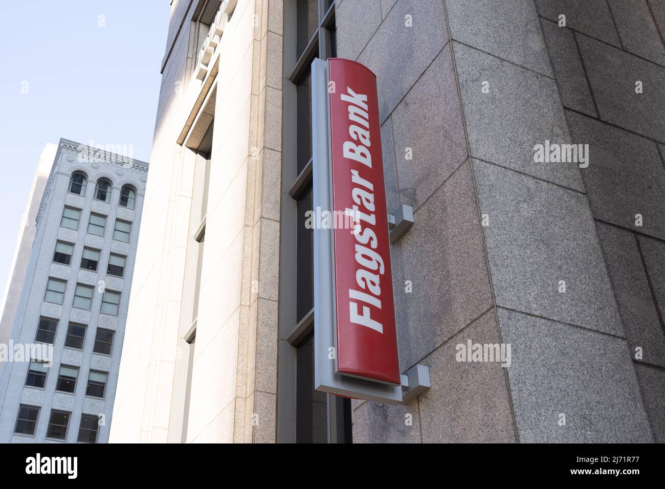 A Flagstar Bank sign on its office building in Detroit, Michigan, USA ...