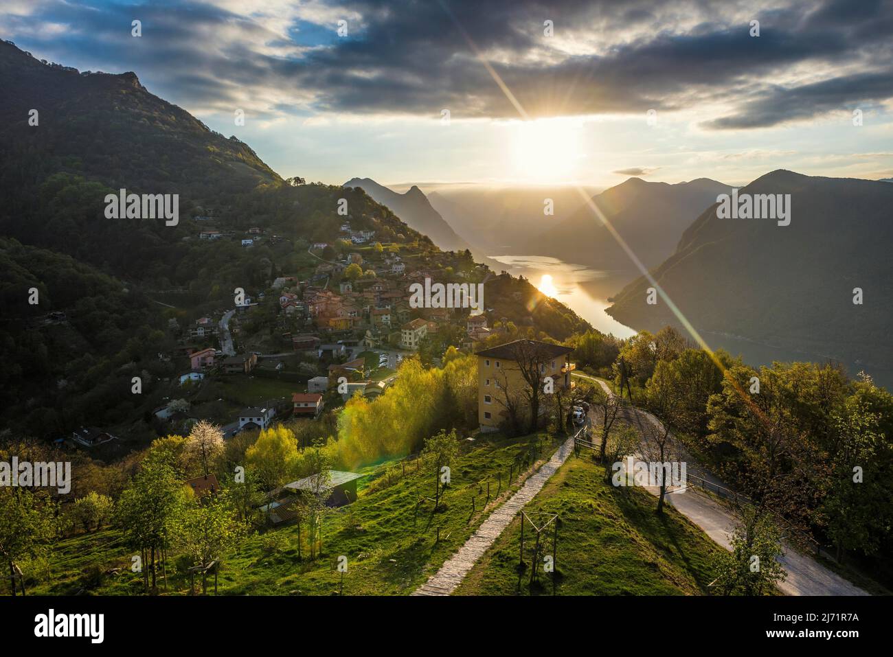 Village view Bre, sunrise, Monte Bre, Lugano, Lake Lugano, Lago di ...