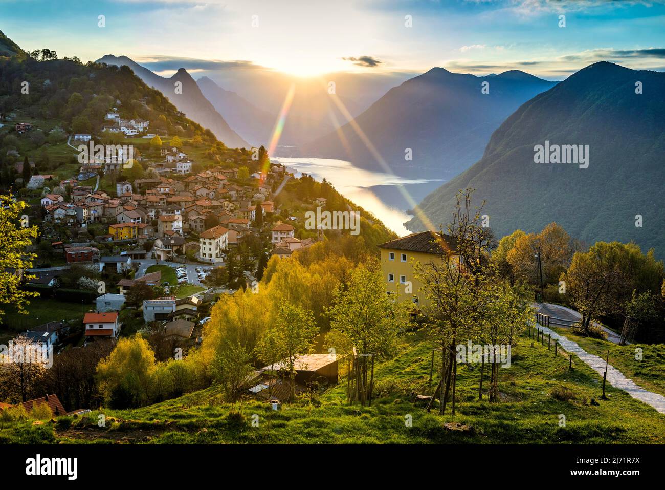 Village view Bre, sunrise, Monte Bre, Lugano, Lake Lugano, Lago di ...
