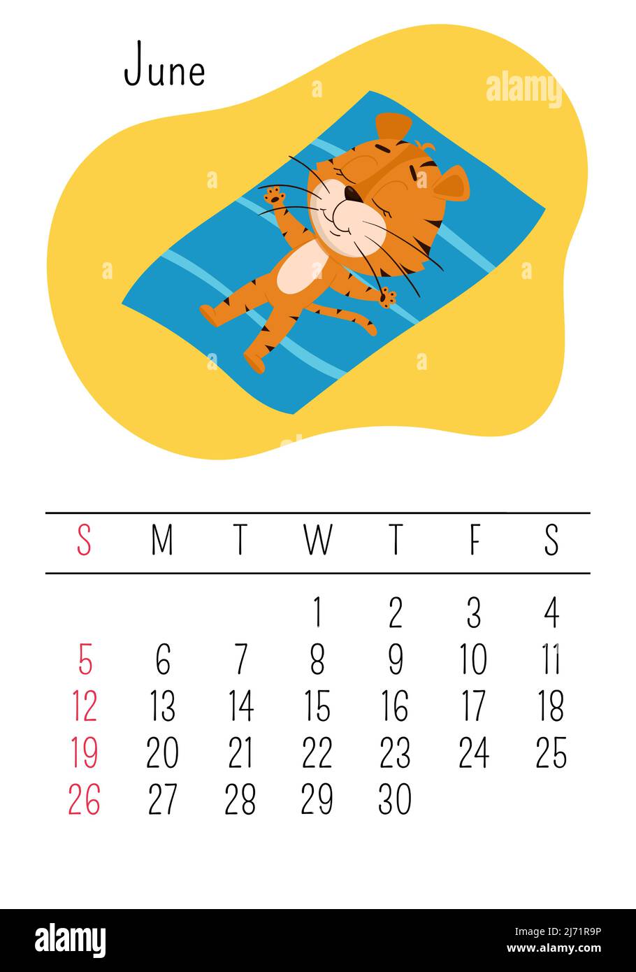 Vertical Wall calendar page template for June 2022 with a cartoon ...
