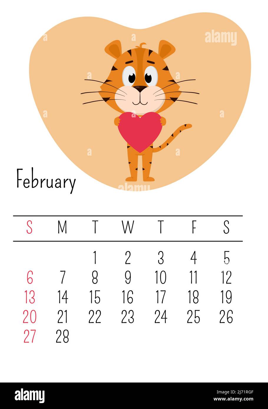 Vertical Wall calendar page template for February 2022 with a cartoon ...