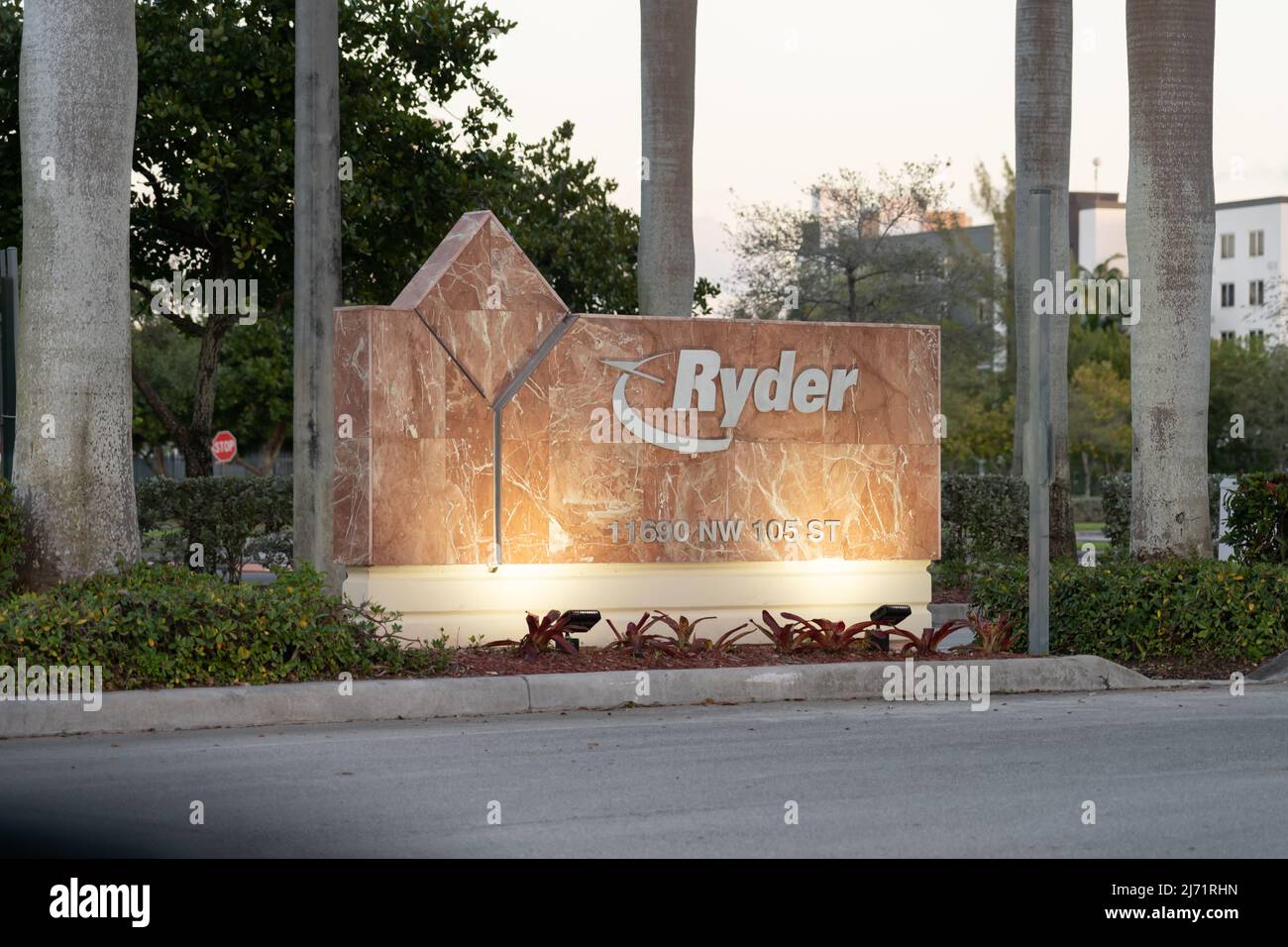 Miami, Florida, USA - January 1, 2022: Ryder headquarters' sign at dusk ...