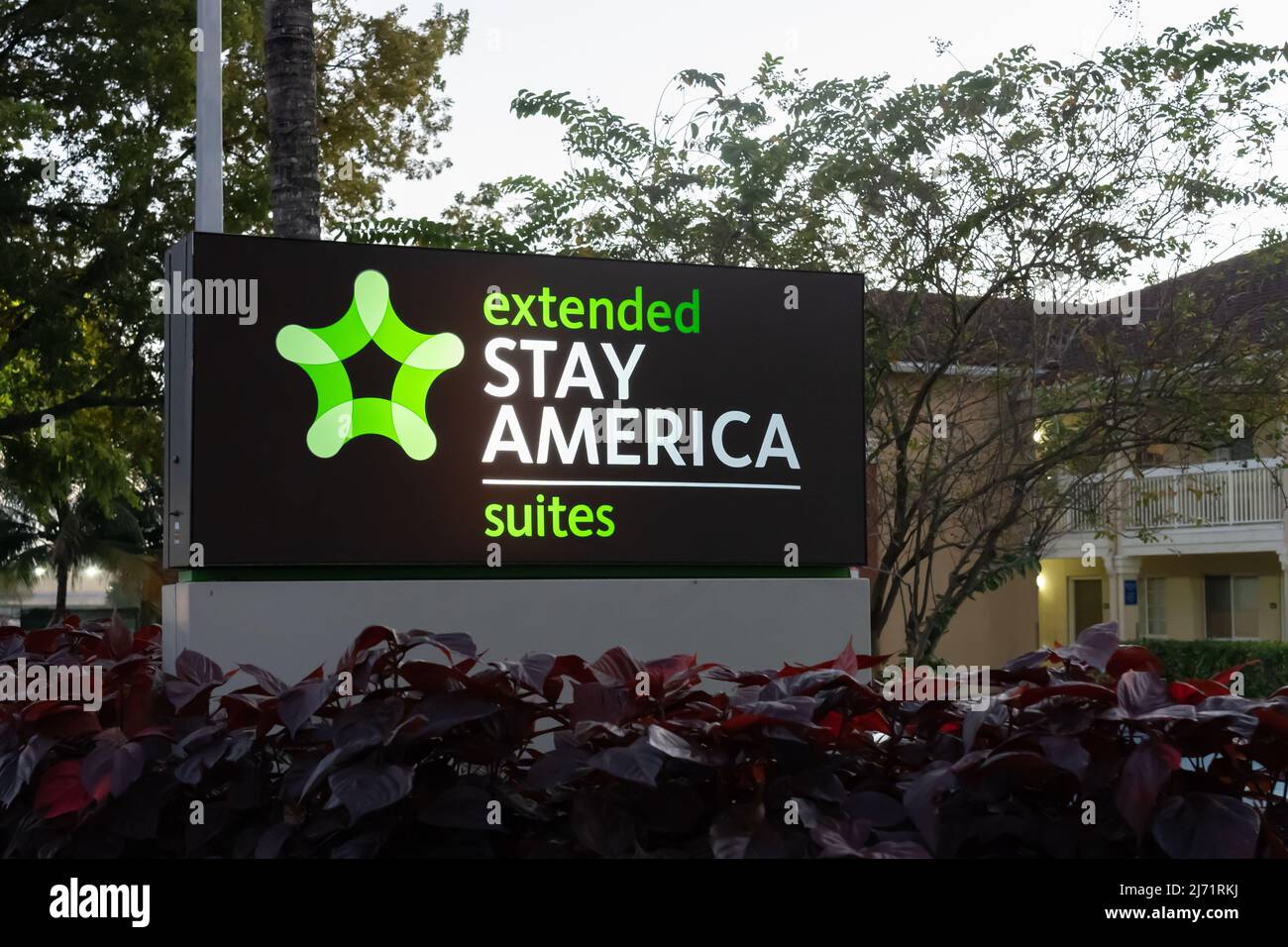 Extended Stay America ground sign in the night in Miami, Florida, USA ...