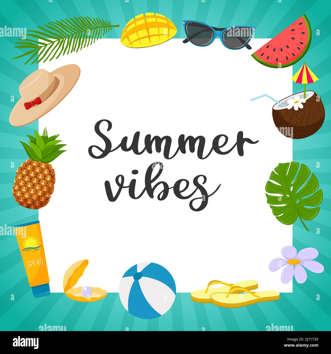 A square postcard with a green striped frame and the words Summer vibes ...