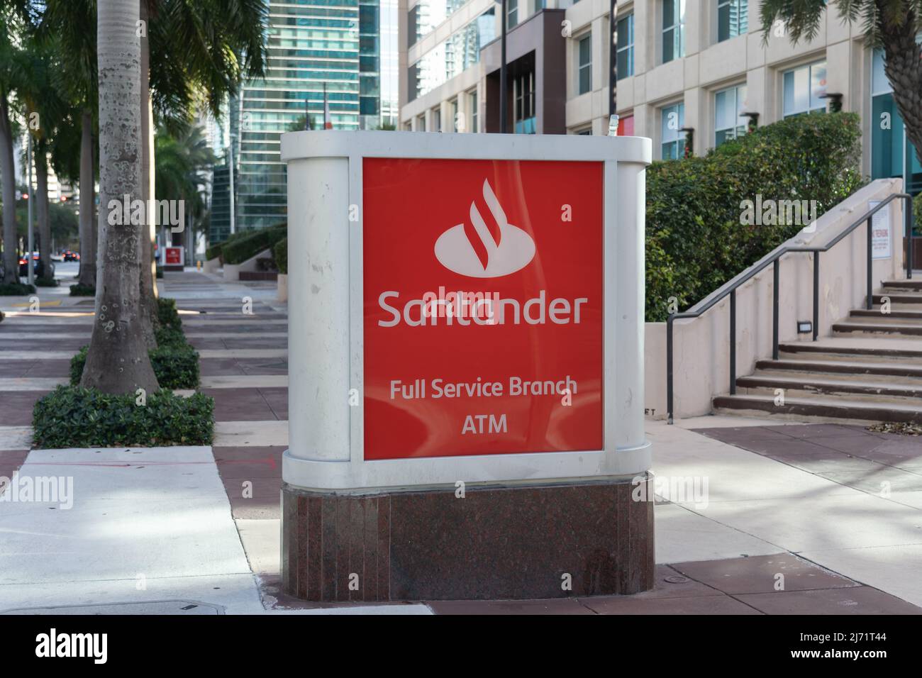 Miami, Fl, USA - January 2, 2022: The sign for a Santander Bank branch ...