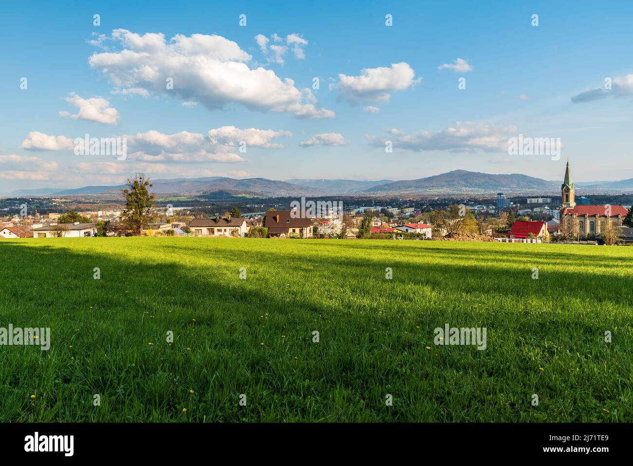 View from Wzgorze Kaplicowka hill above Skoczow toen in Poland during ...