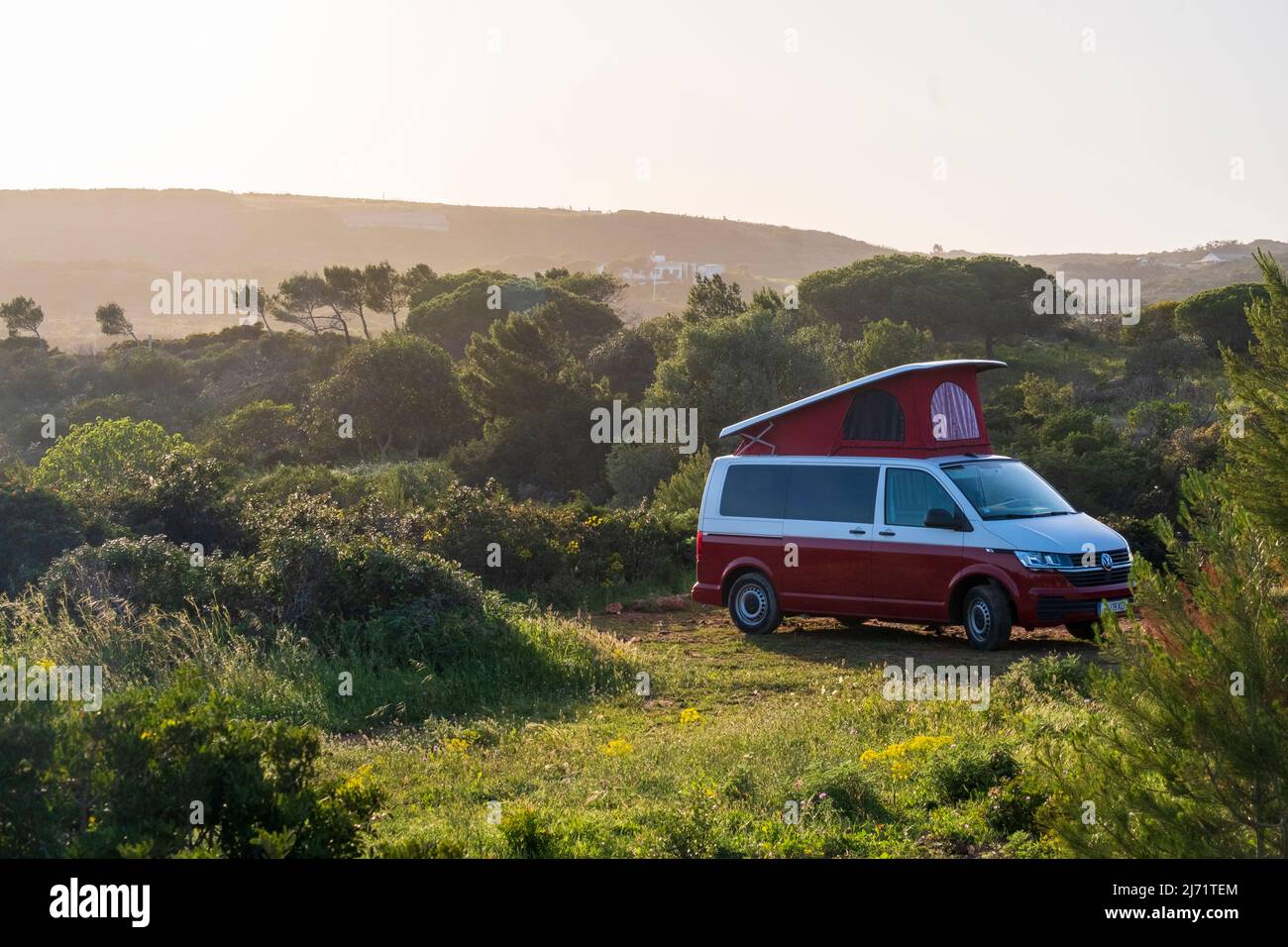 Camper van in luscious green at Praia da Ingrina, Algarve Coast ...