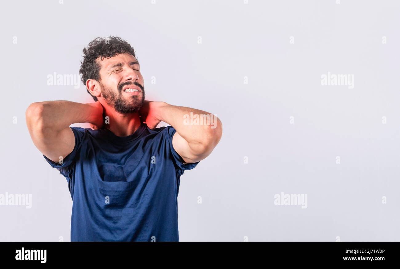 Neck pain and stress concept, man with neck muscle pain, Close up of ...