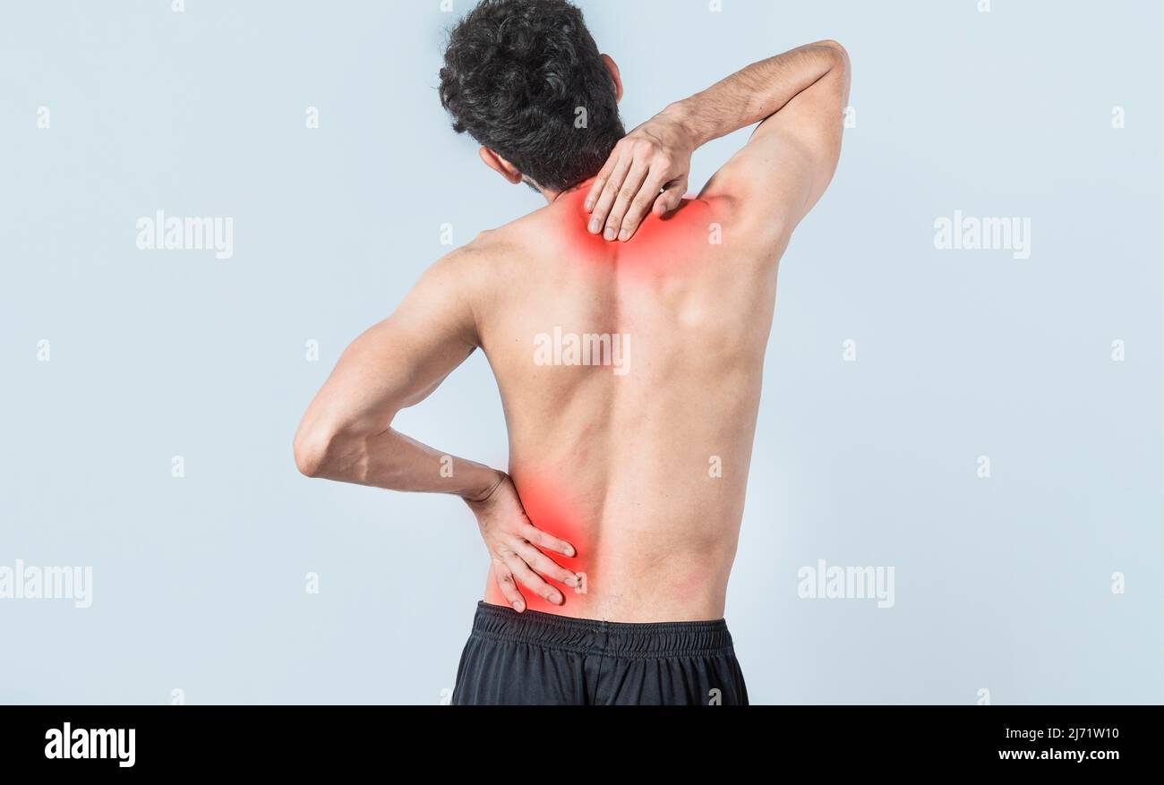 Neck and back pain concept, man with neck and back muscle pain, Close ...