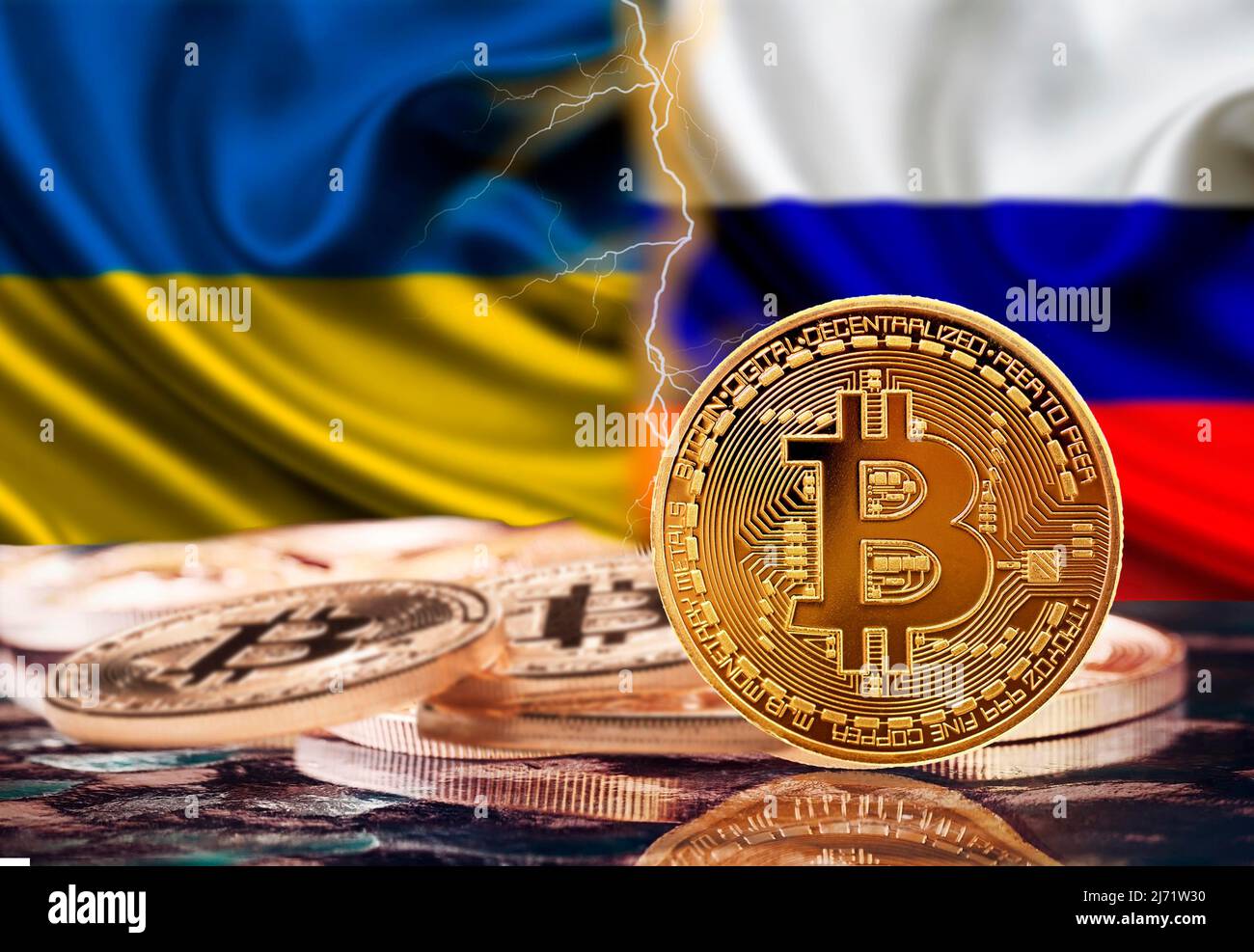 Bitcoin coin with russian and ukrainian flag background, bitcoin with ...