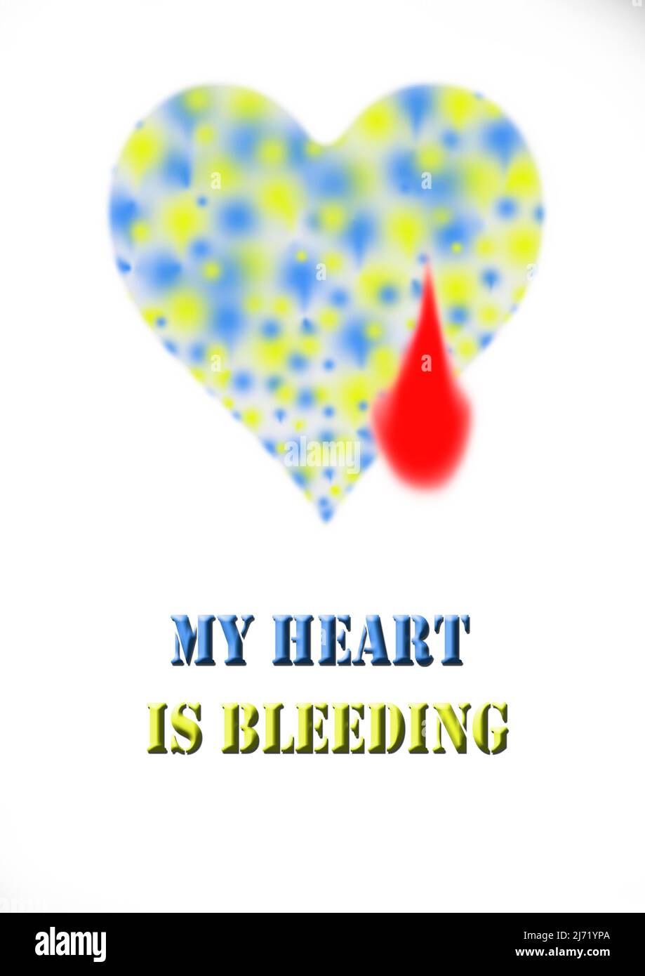 Symbolic image, a heart with Ukrainian colors and a drop of blood, and ...