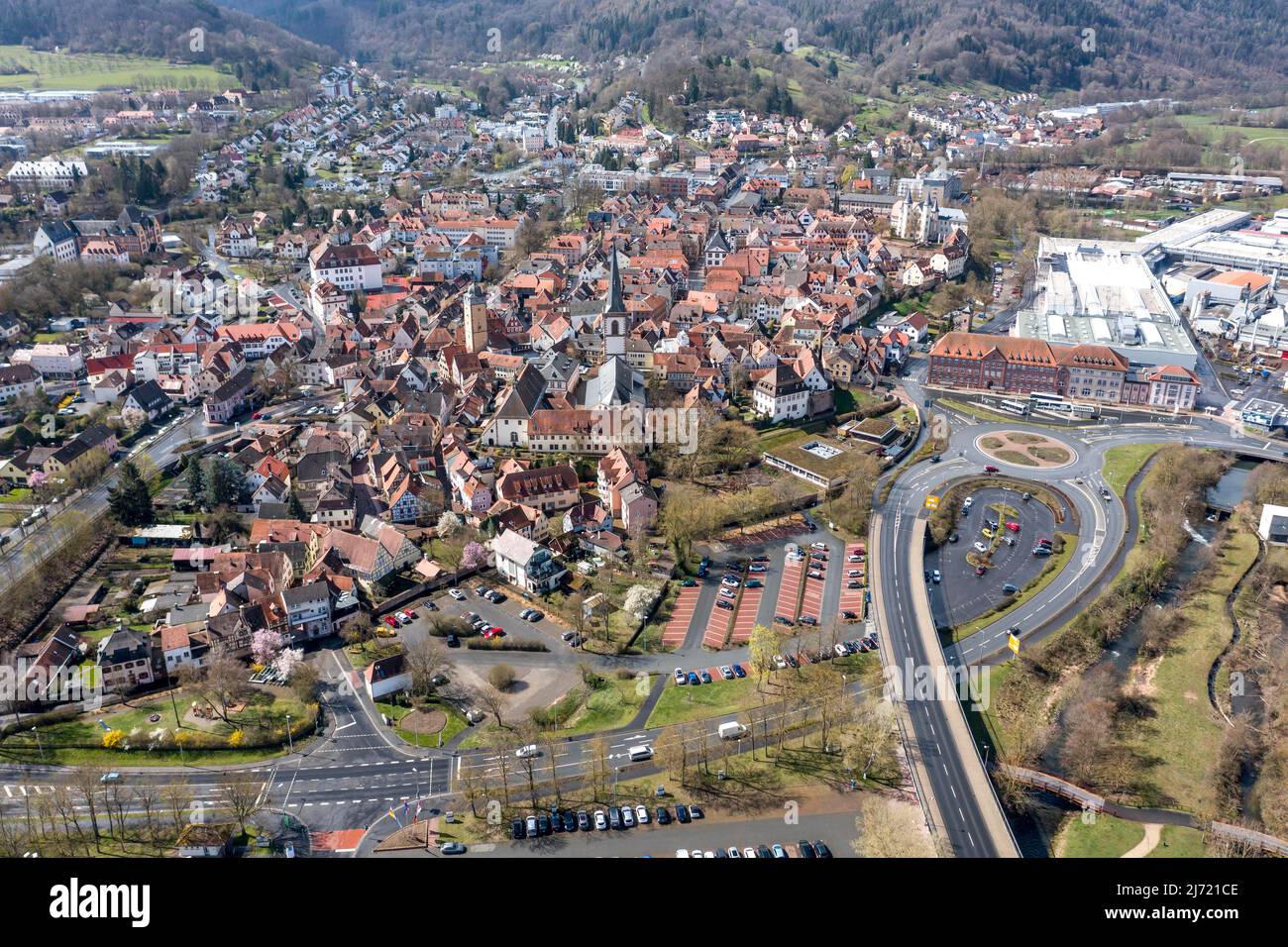 Drone photo, drone shot, photo from above, overview of the city of Lohr ...