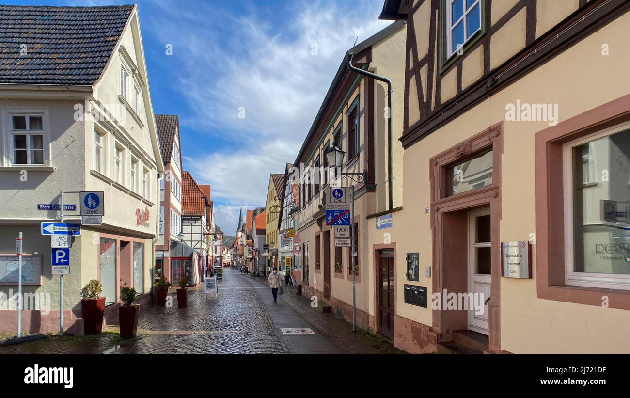 View of the pedestrian zone in the old town of Lohr am Main with half ...