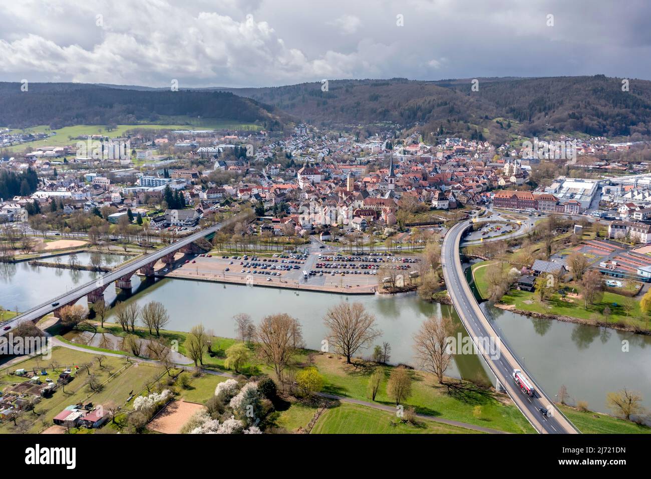 Drone photo, drone shot, photo from above, view of the city of Lohr am ...