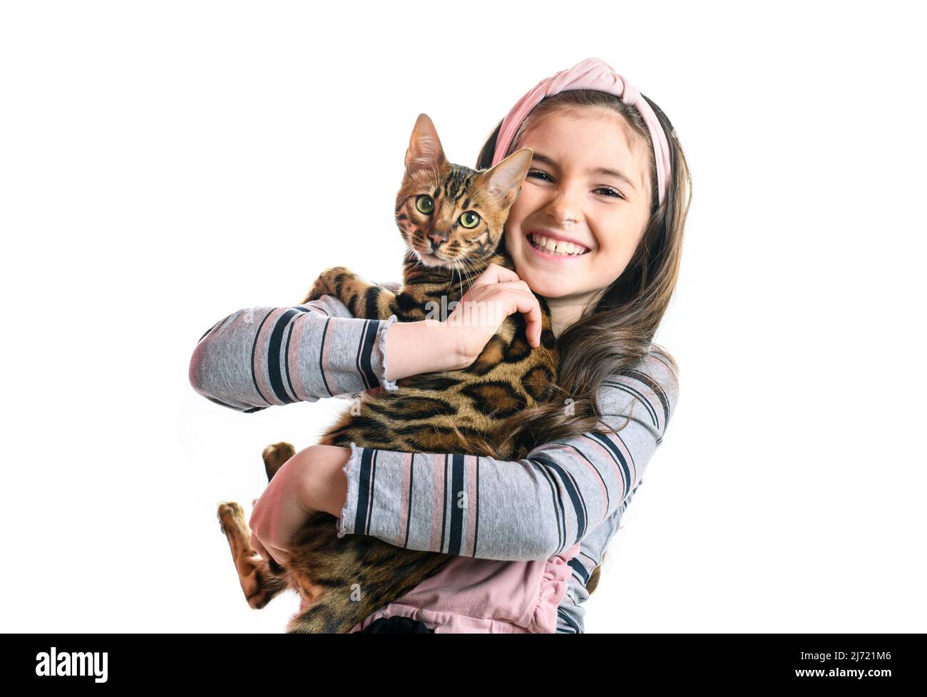 little girl holding bengal cat isolated on white background Stock Photo ...