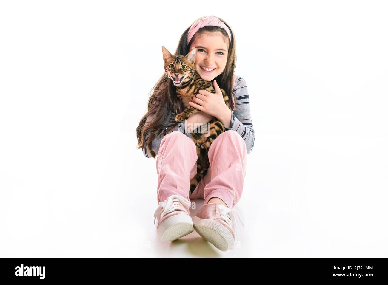 little girl holding bengal cat isolated on white background Stock Photo ...