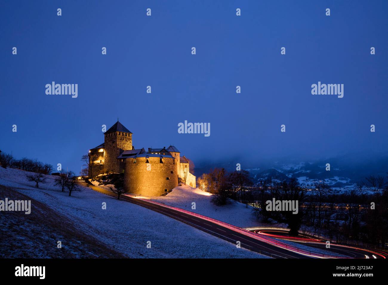 Winter, snow, twilight, blue hour, Vaduz Castle, Rhine Valley ...
