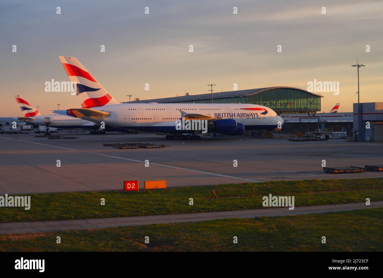 HEATHROW, ENGLAND -17 APR 2022- Sunset view of an Airbus A380 from ...