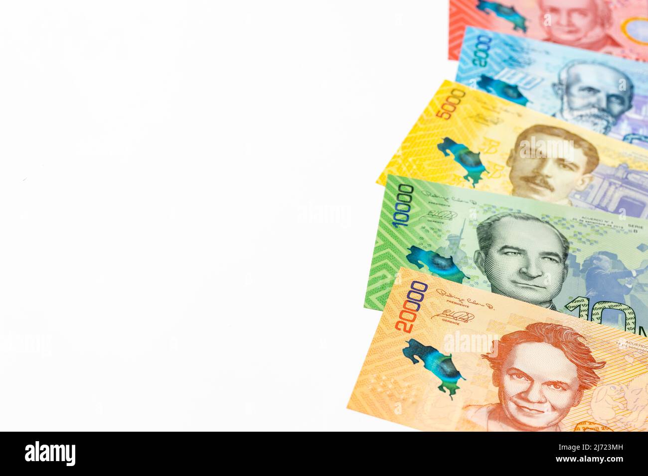 Costa Rican money, all paper banknotes, white background Stock Photo ...