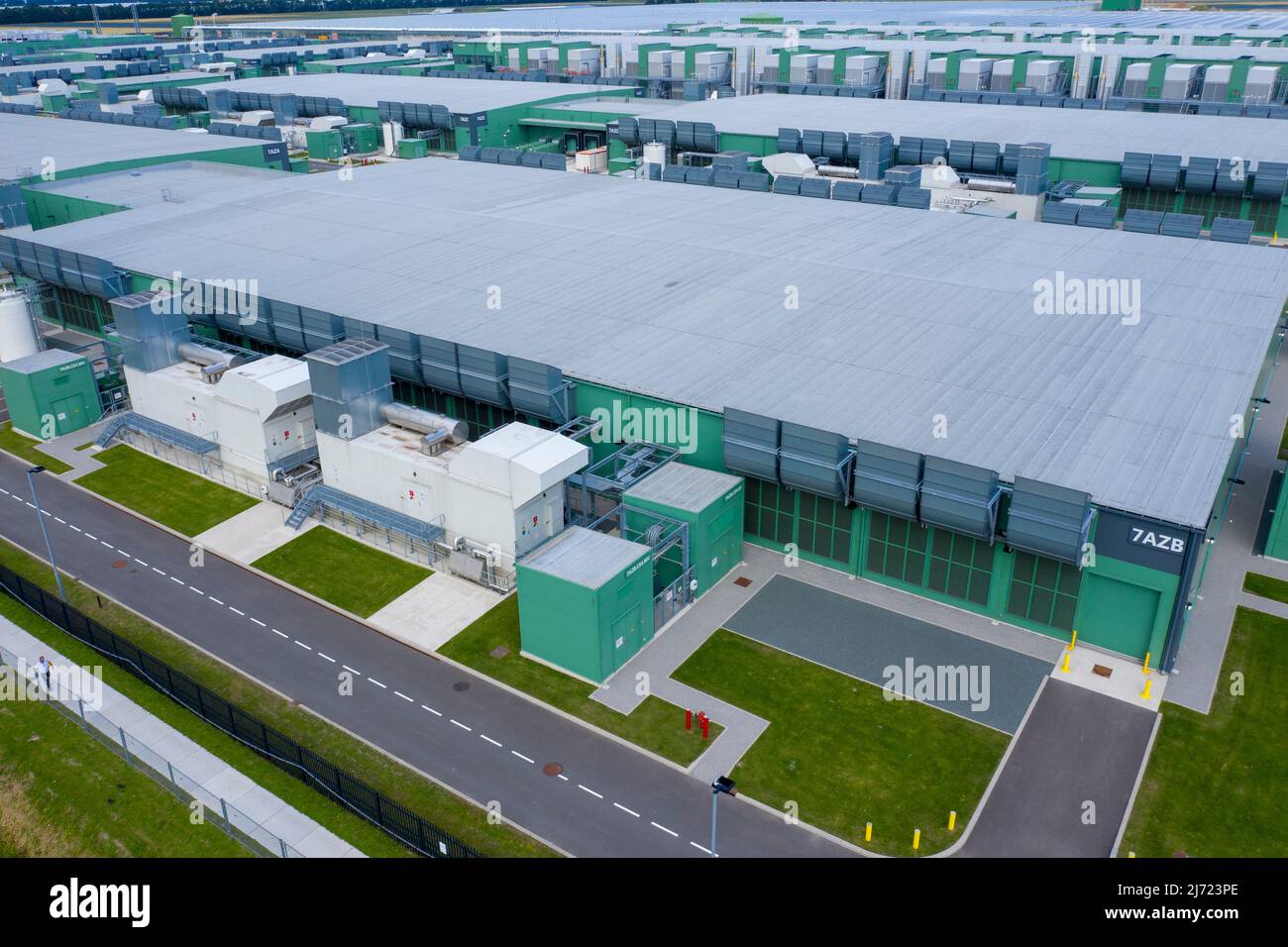 Drone aerial view of new Microsoft datacenters . The huge buildings are ...